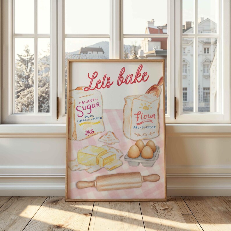 Retro Baking Print, Pink Kitchen Wall Art, Vintage Bakery Decor ...