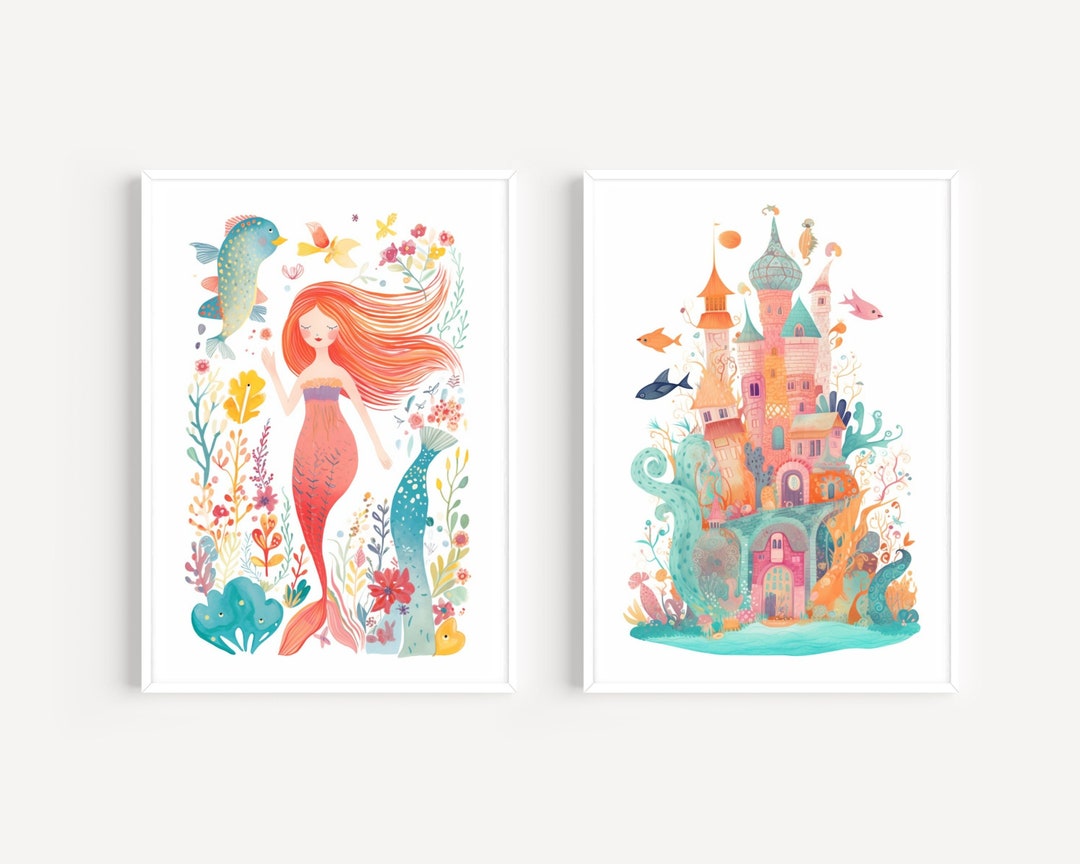 Mermaid Art Set of 2, Fairytale Prints, Whimsical Girls Nursery Decor ...
