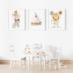 Set of 3 Nursery Prints, Circus Animals, Bear, Lion, Circus, Kids Room ...