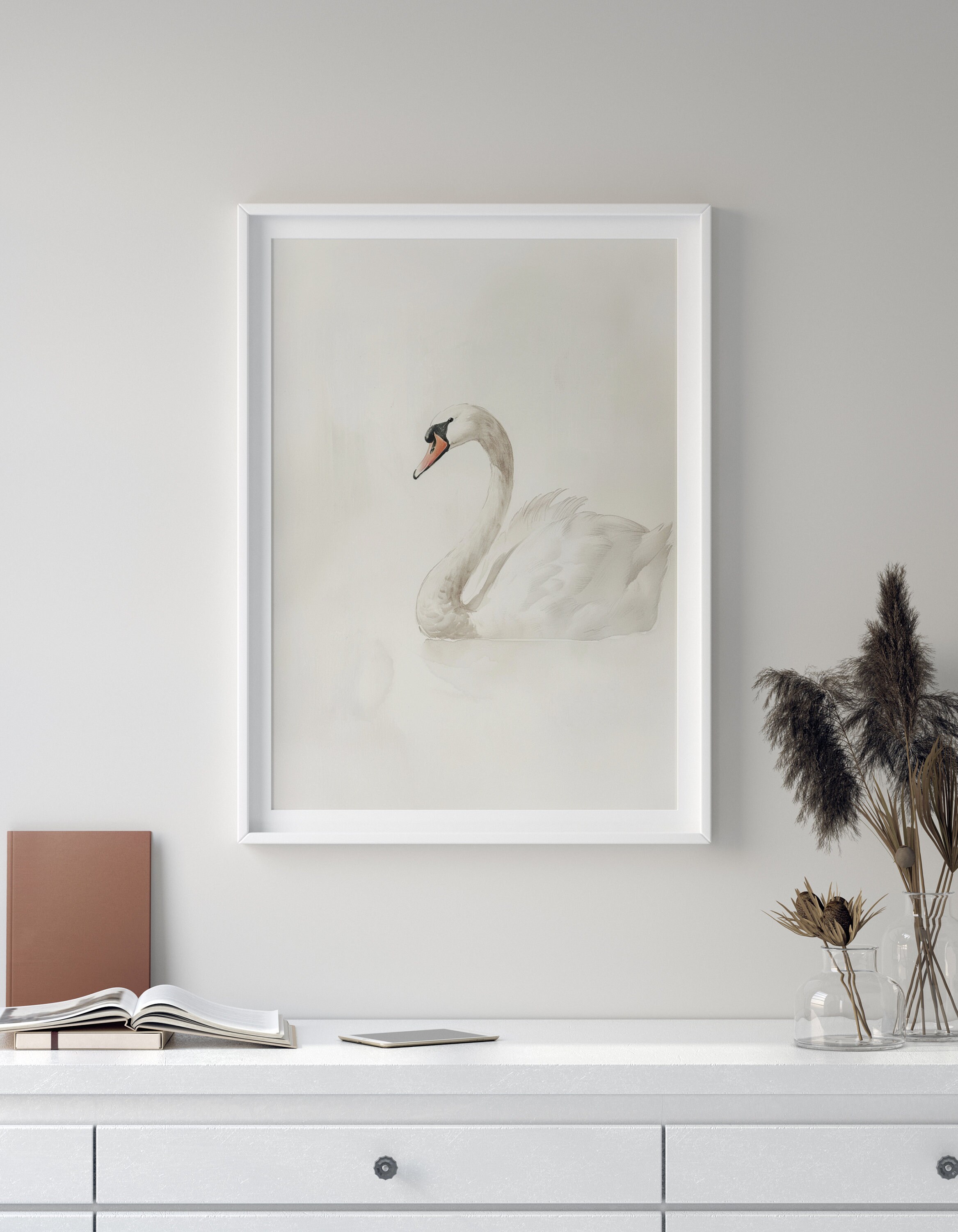 Vintage Swan Art Print, Pastel Farmhouse Watercolor Painting, Beige ...