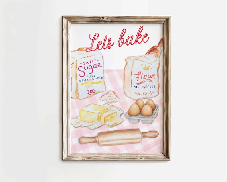 Retro Baking Print, Pink Kitchen Wall Art, Vintage Bakery Decor ...