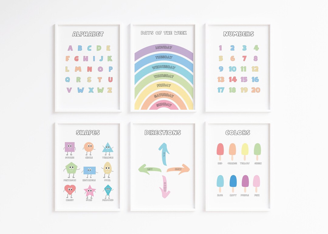 Set of 6 Educational Posters, Alphabet, Numbers, Shapes, Colors, Week ...