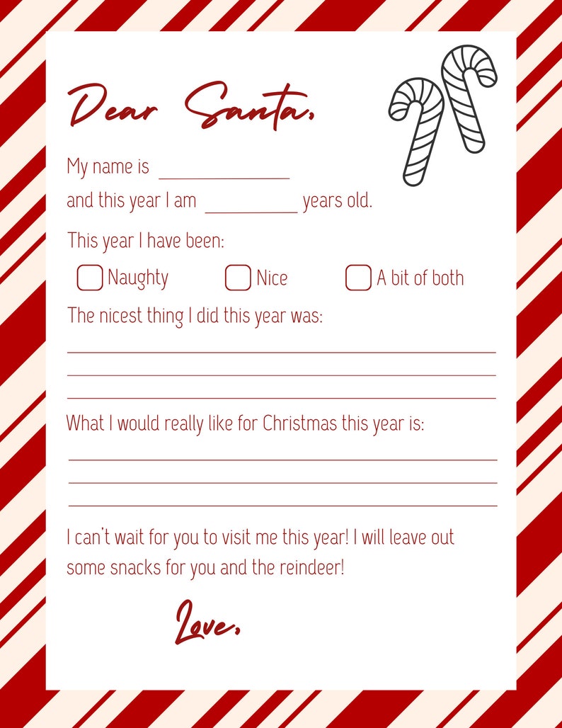 Candy Cane Letter to Santa: Printable Christmas Wish List (PDF) - Etsy