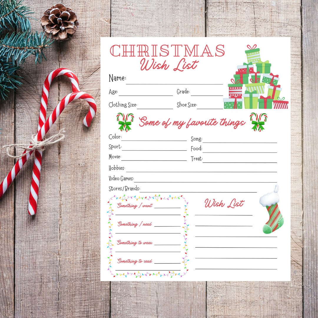 Candy Cane Christmas Gift Wish List Template, Gift Wish List for Kids ...