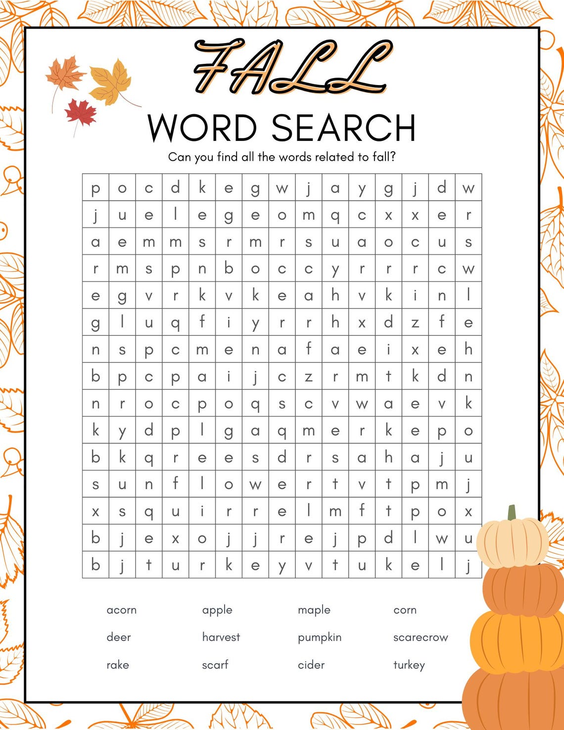 Fall Word Search Game | Thanksgiving Friendsgiving Game | School ...