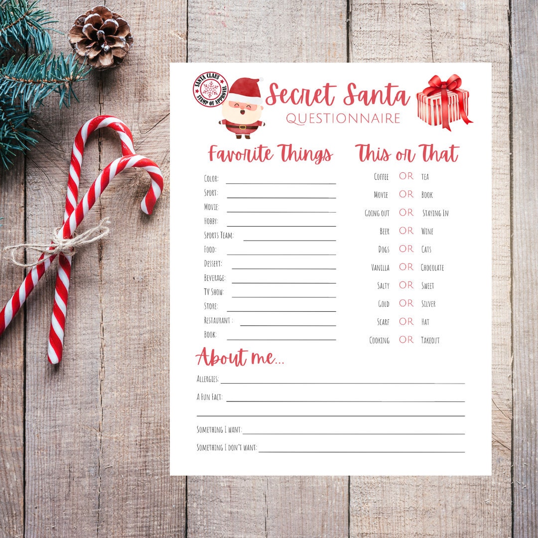 Secret Santa Questionnaire - Printable, Holiday Party Gift Exchange ...