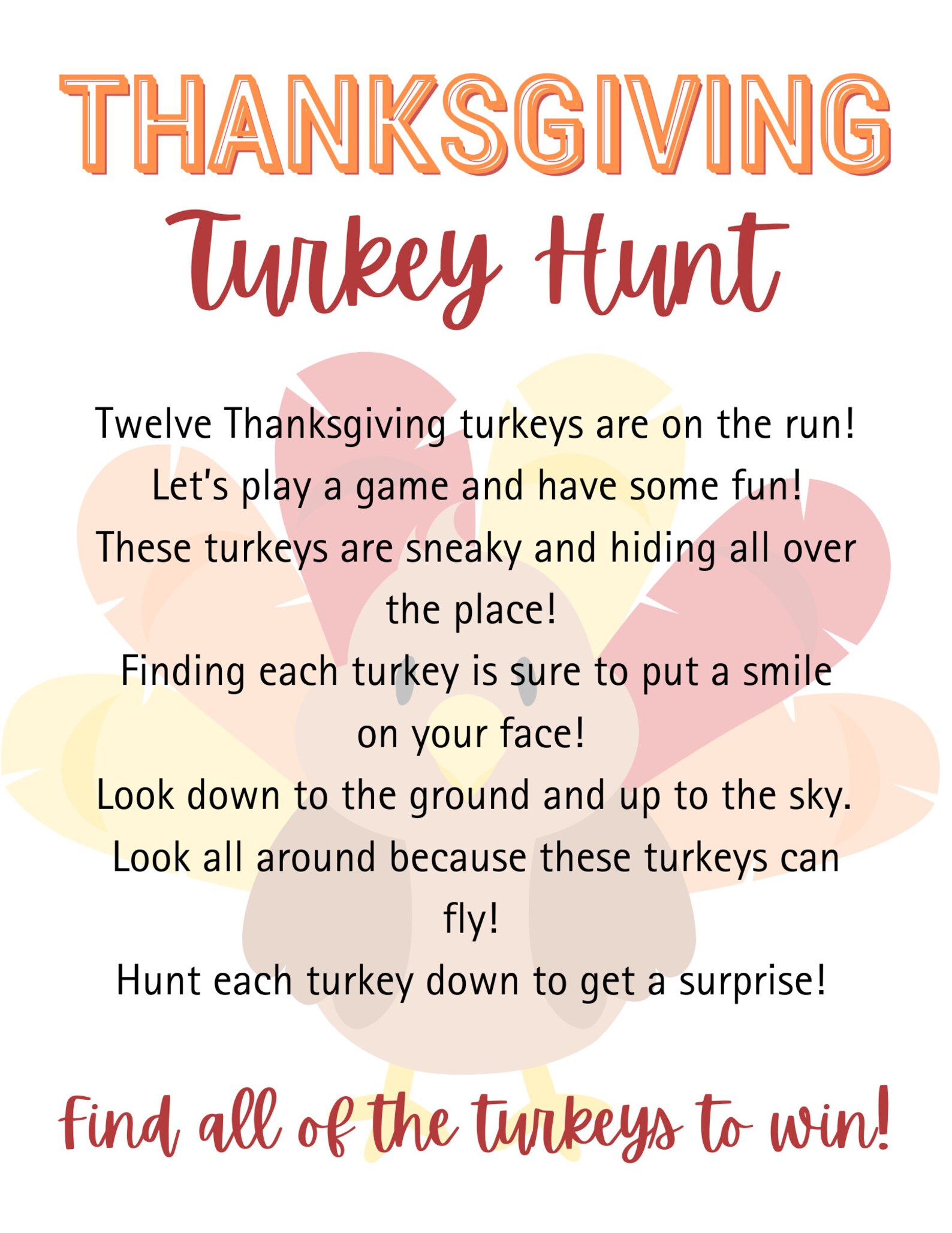 Thanksgiving Turkey Scavenger Hunt Game: Printable Family Activity (PDF ...