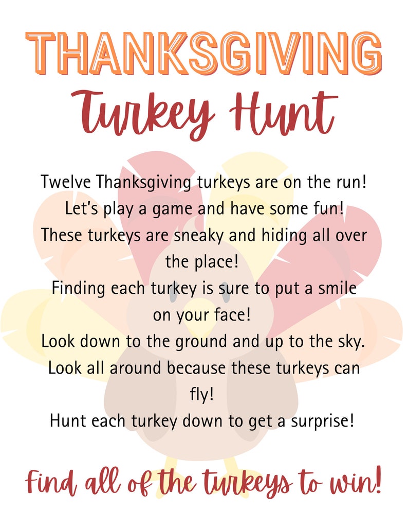 Thanksgiving Turkey Scavenger Hunt Game, Turkey Hunt Game for Families ...