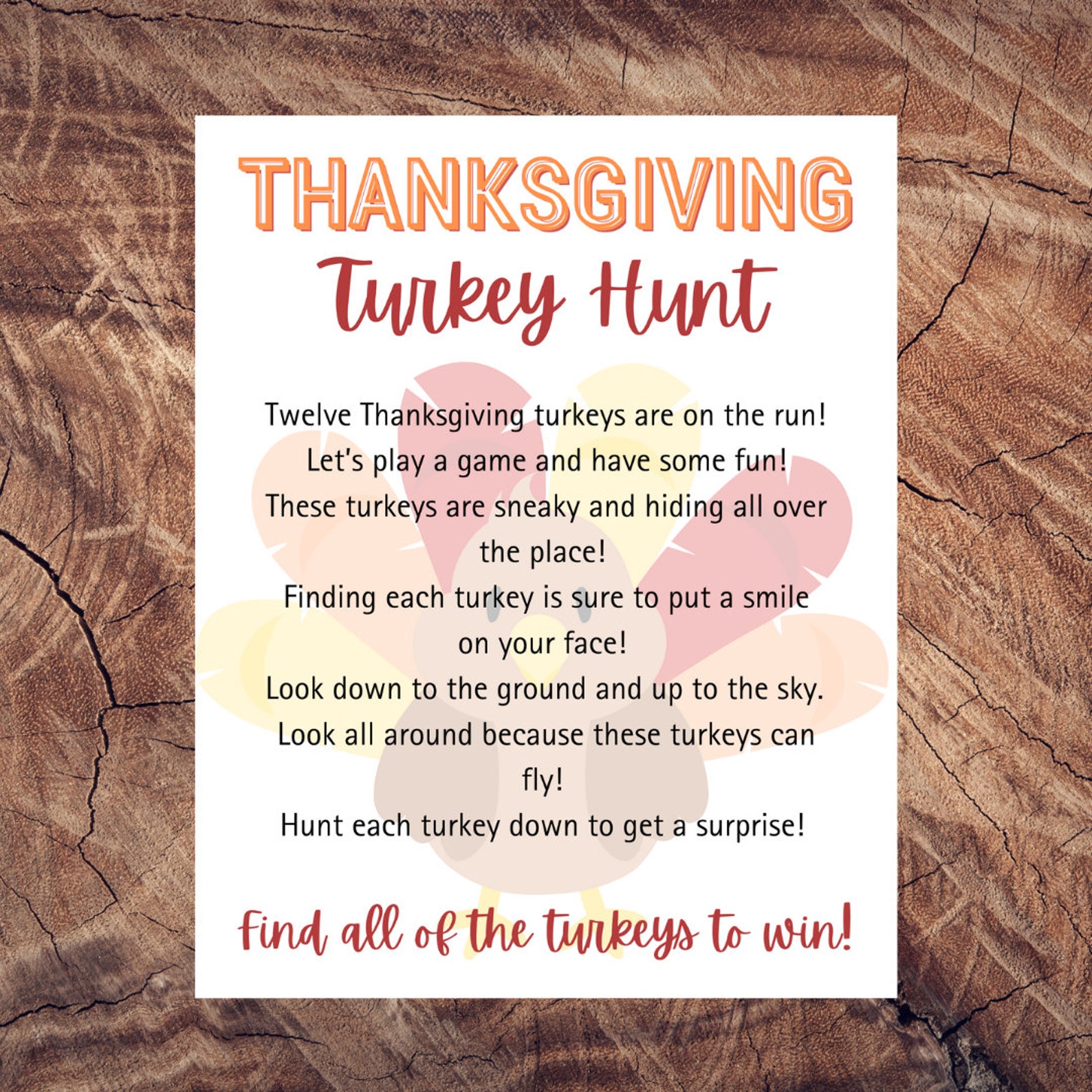 Thanksgiving Turkey Scavenger Hunt Game, Turkey Hunt Game for Families ...