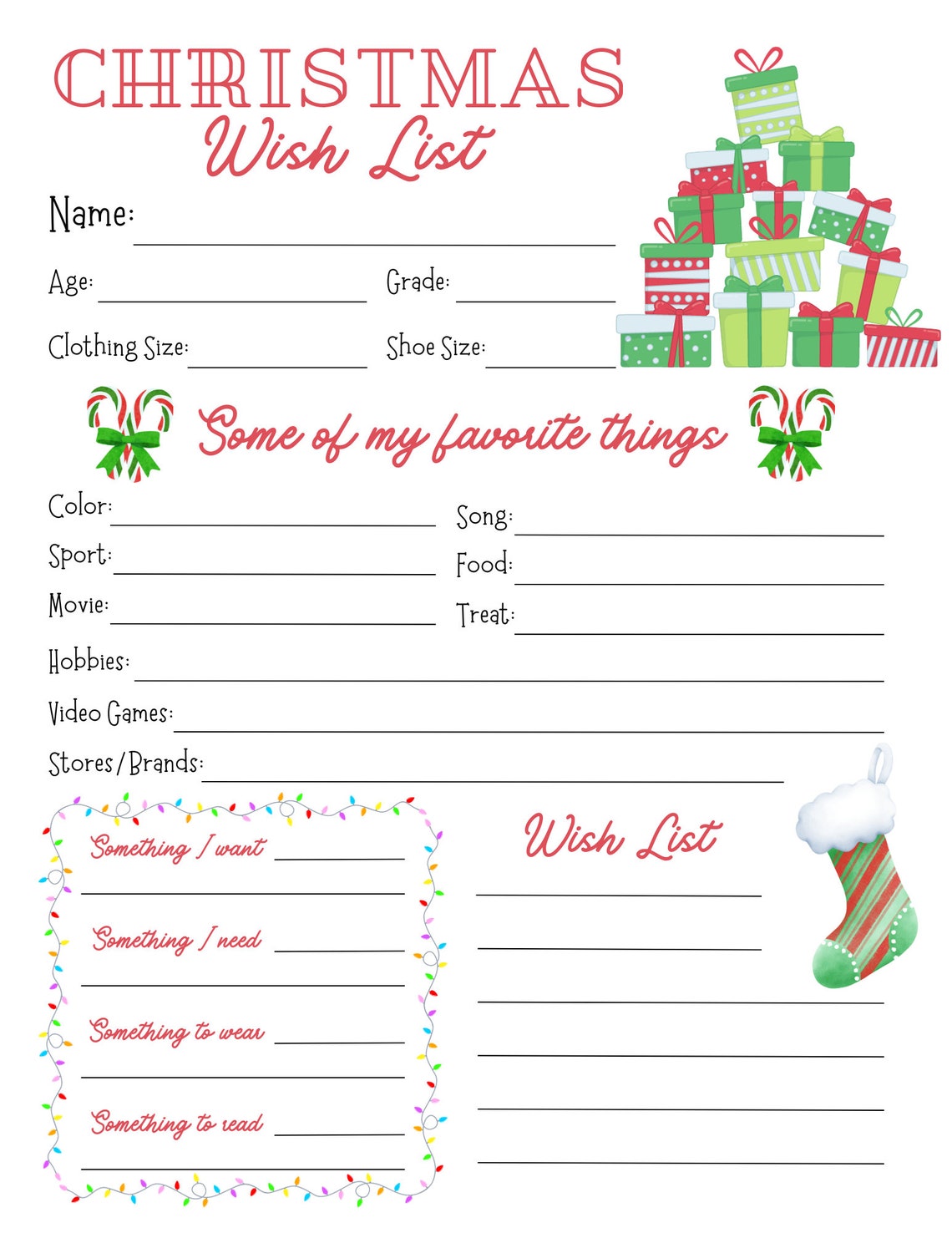 Candy Cane Christmas Gift Wish List Template, Gift Wish List for Kids ...
