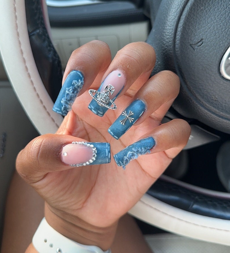 Denim Press on Nails - Etsy