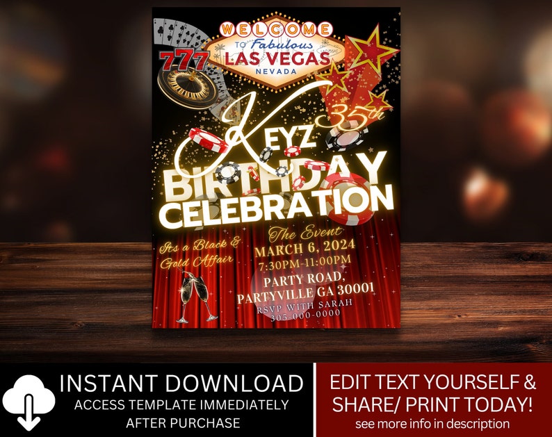 Las Vegas Themed Birthday Invitation | Black, Red & Gold | Editable ...