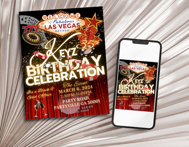 Las Vegas Themed Birthday Invitation | Black, Red & Gold | Editable ...