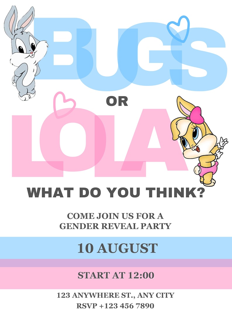 Baby Lola & Baby Bugs Bunny Gender Reveal Invites (2)| Baby Looney ...