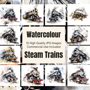 Steam Train Clip Art 12 High Quality Jpgs - Digital Planner, Journaling, Watercolour, Wall Art ...