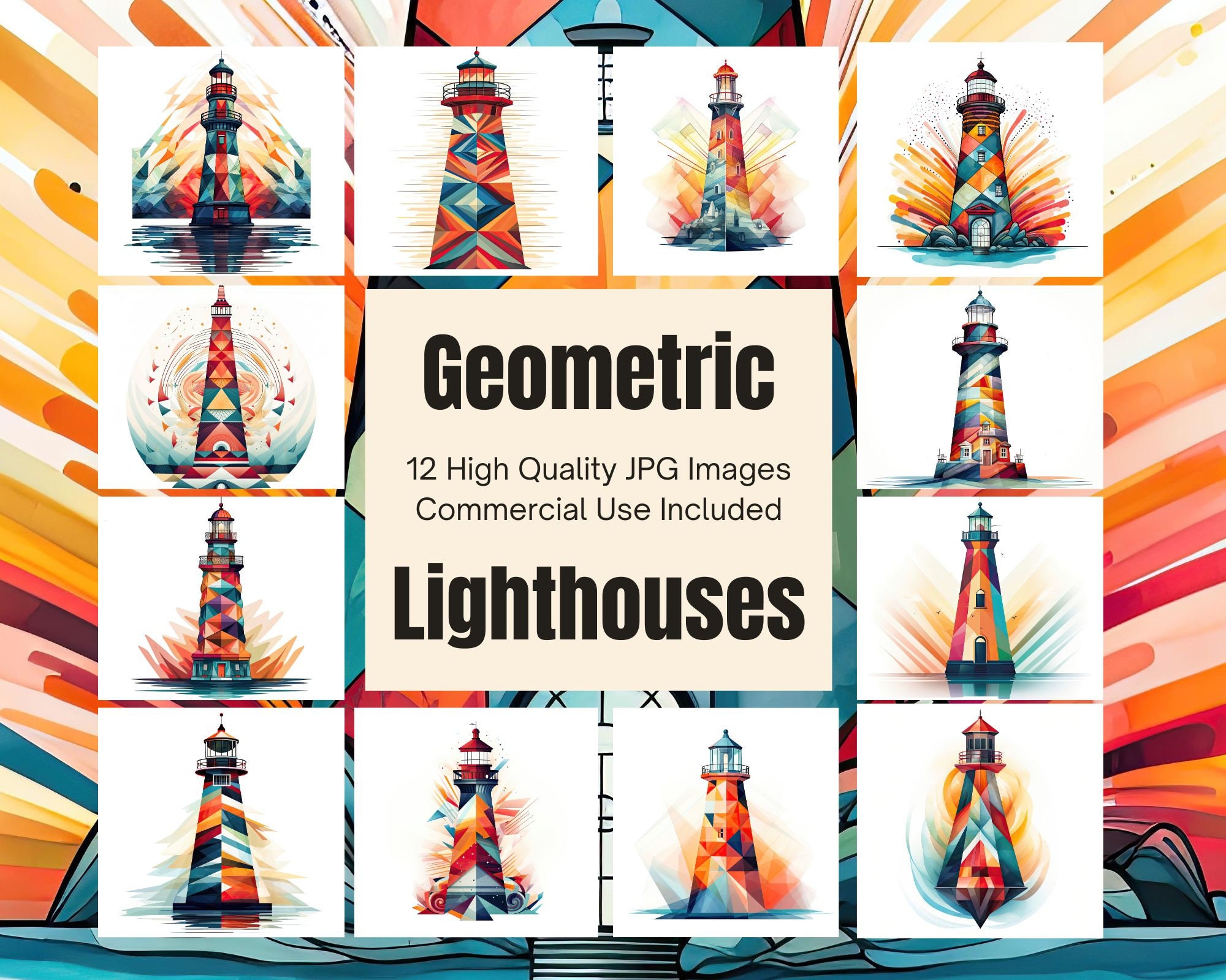 Geometric Lighthouse Clip Art 12 High Quality Jpgs Digital - Etsy