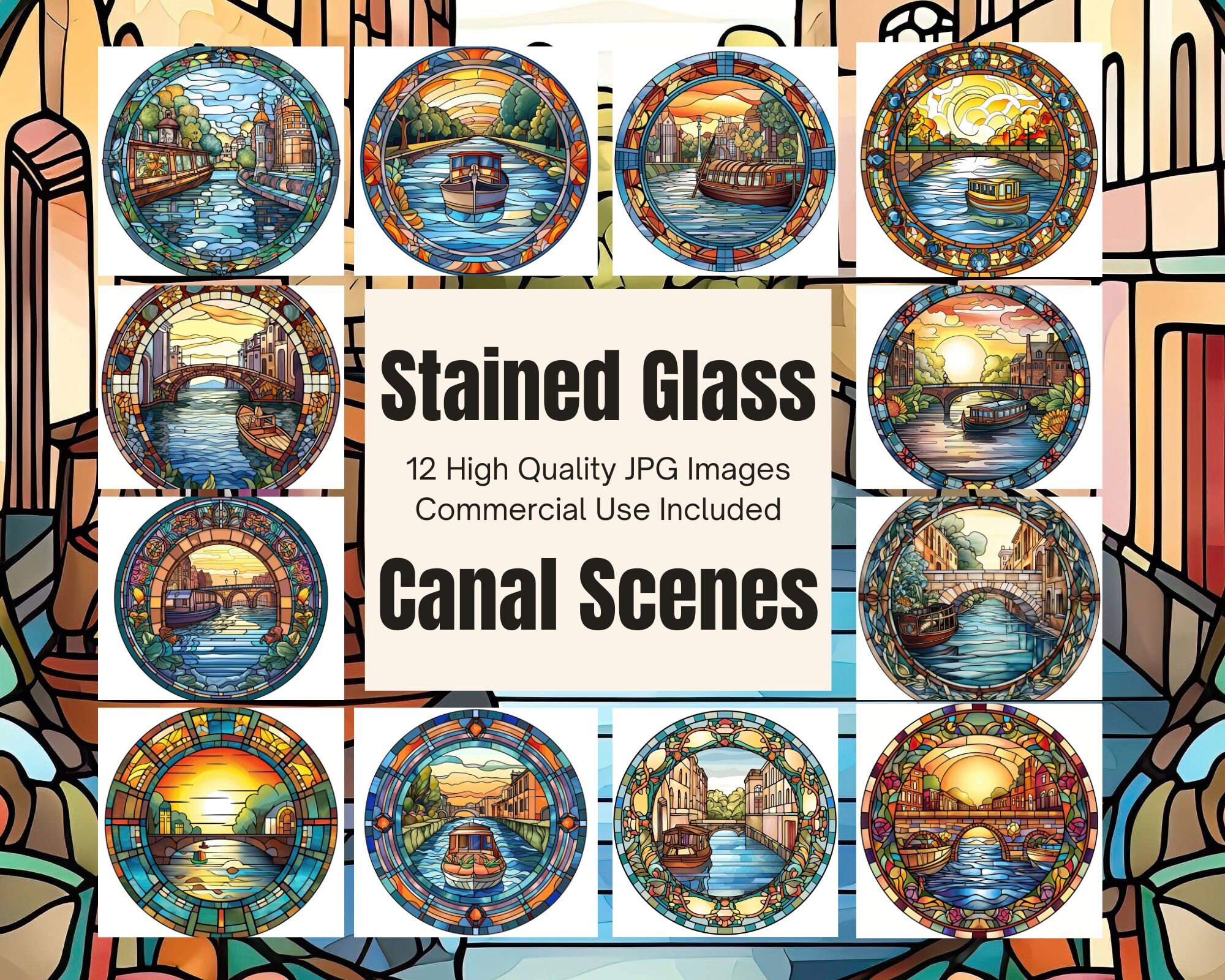 Stained Glass Canal Scenes Clip Art 12 High Quality Jpgs - Digital ...