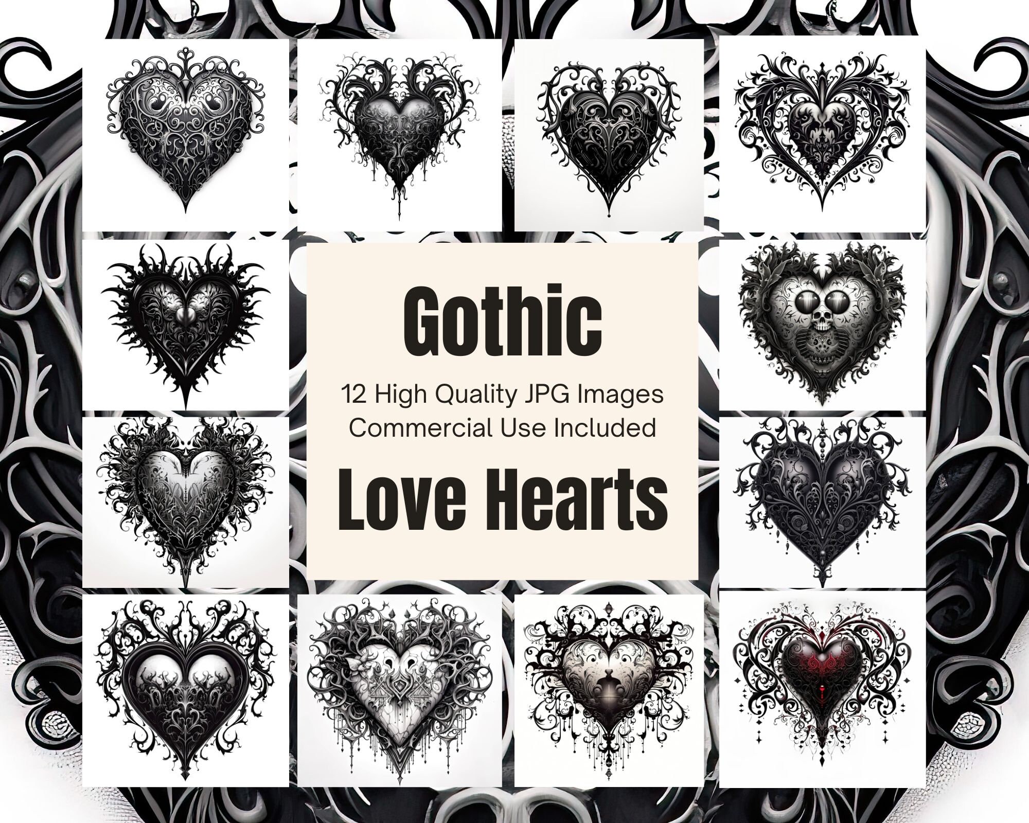 Gothic Love Hearts Clip Art 12 High Quality Jpgs Digital - Etsy