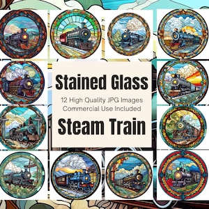 Stained Glass Steam Train Clip Art 12 High Quality Jpgs - Digital ...