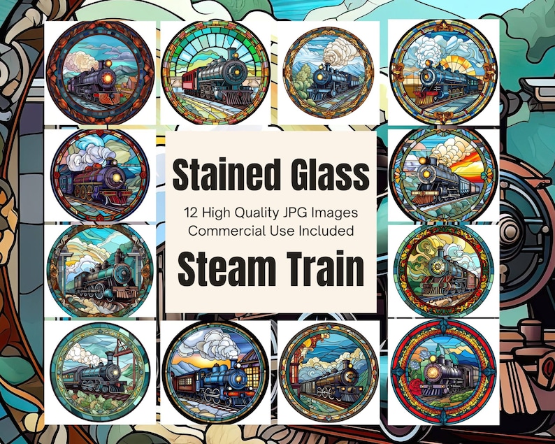 Stained Glass Steam Train Clip Art 12 High Quality Jpgs - Etsy