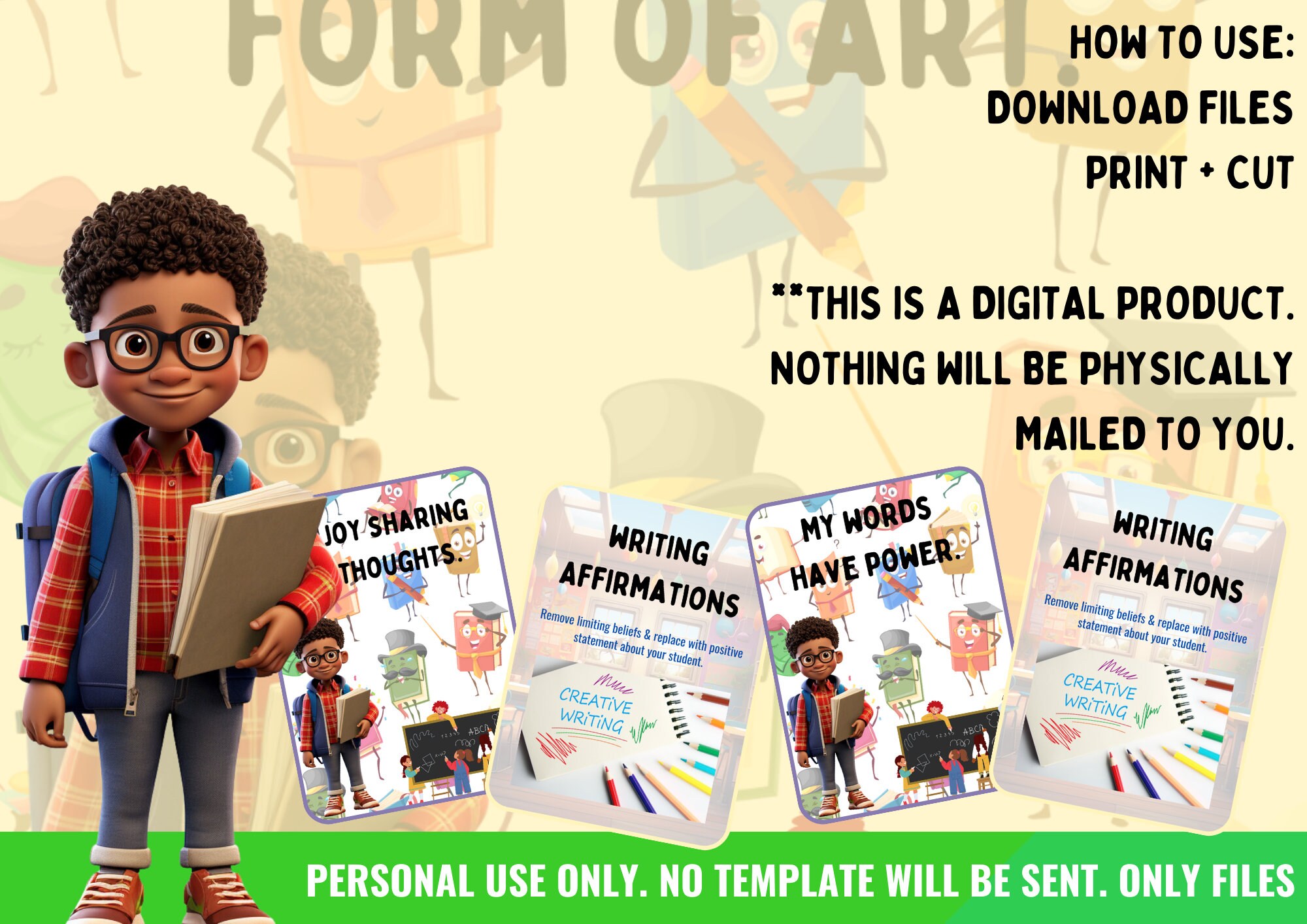 Writing Character Cards, Writing Affirmation Cards, Academic ...