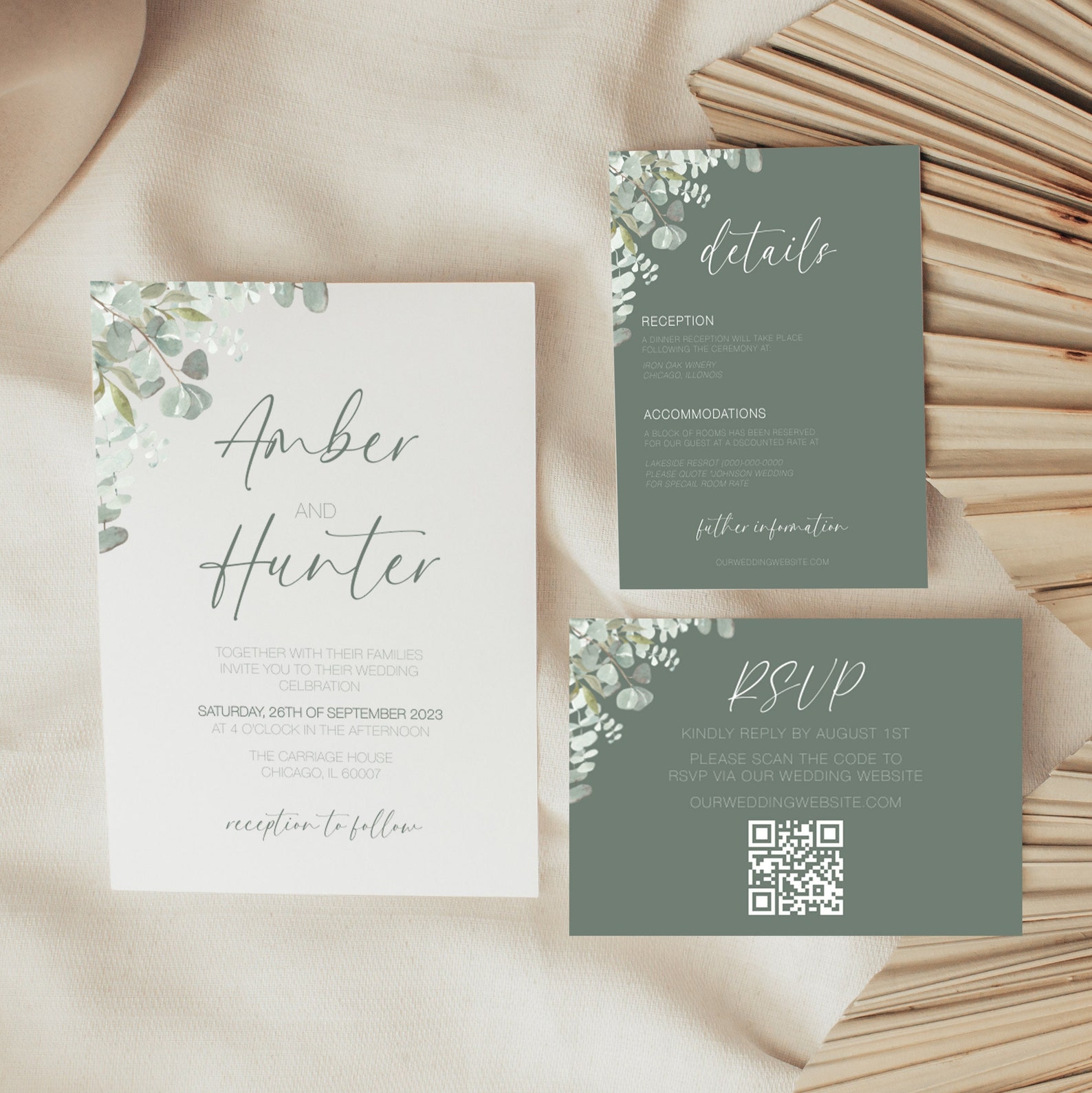 Eucalyptus Wedding Invitation Set, QR Code RSVP (INSTANT Download) - Etsy