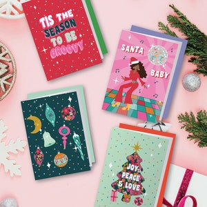 Set of Retro Christmas Cards, Groovy 70s Style,disco,baubles,tree ...