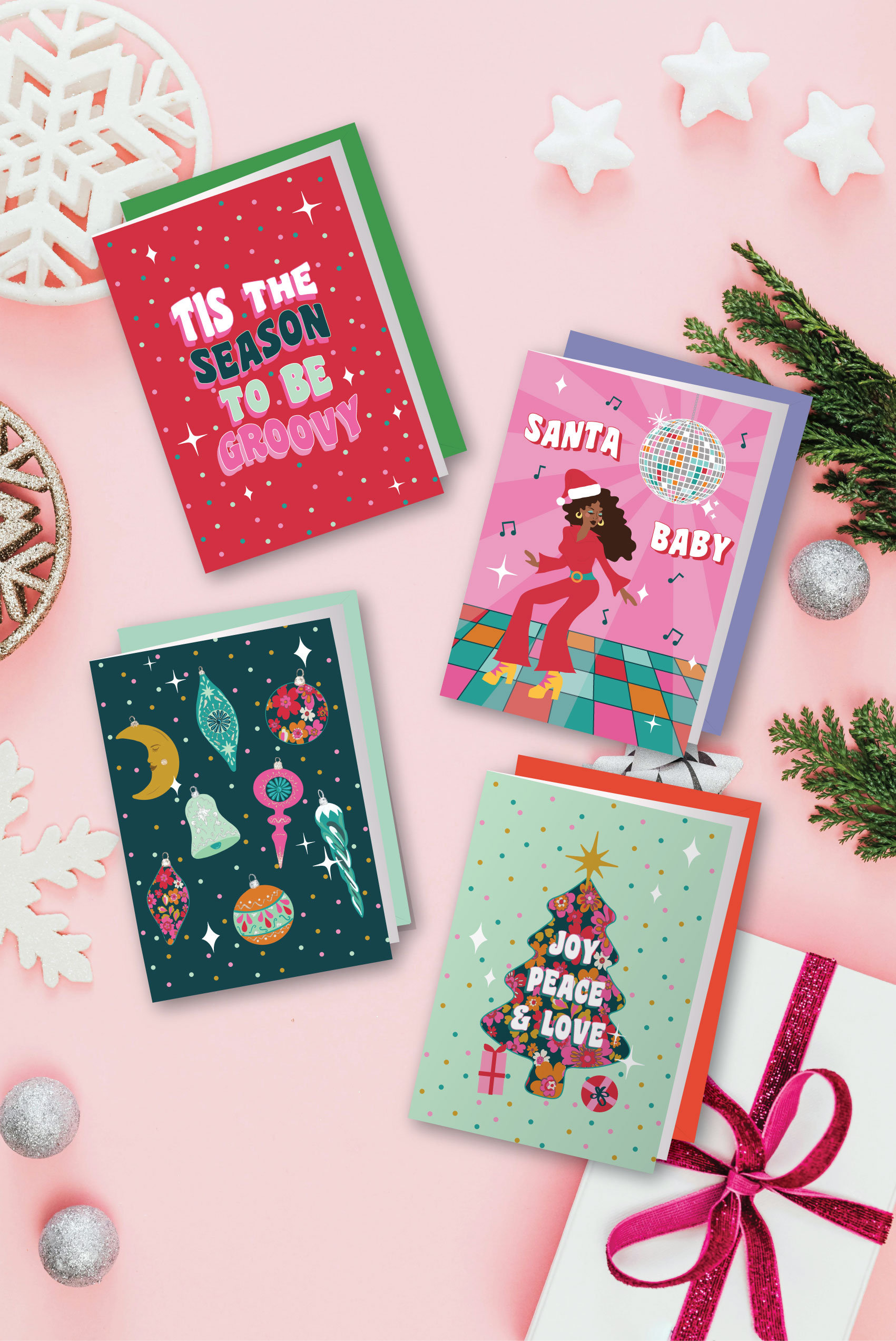 Set of Retro Christmas Cards, Groovy 70s Style,disco,baubles,tree ...