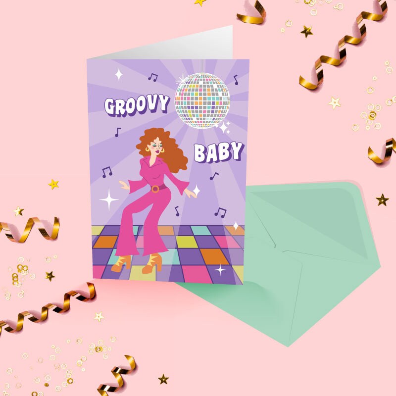 Retro Birthday Card,groovy 70s Style,disco,vintage Illustration,bday ...