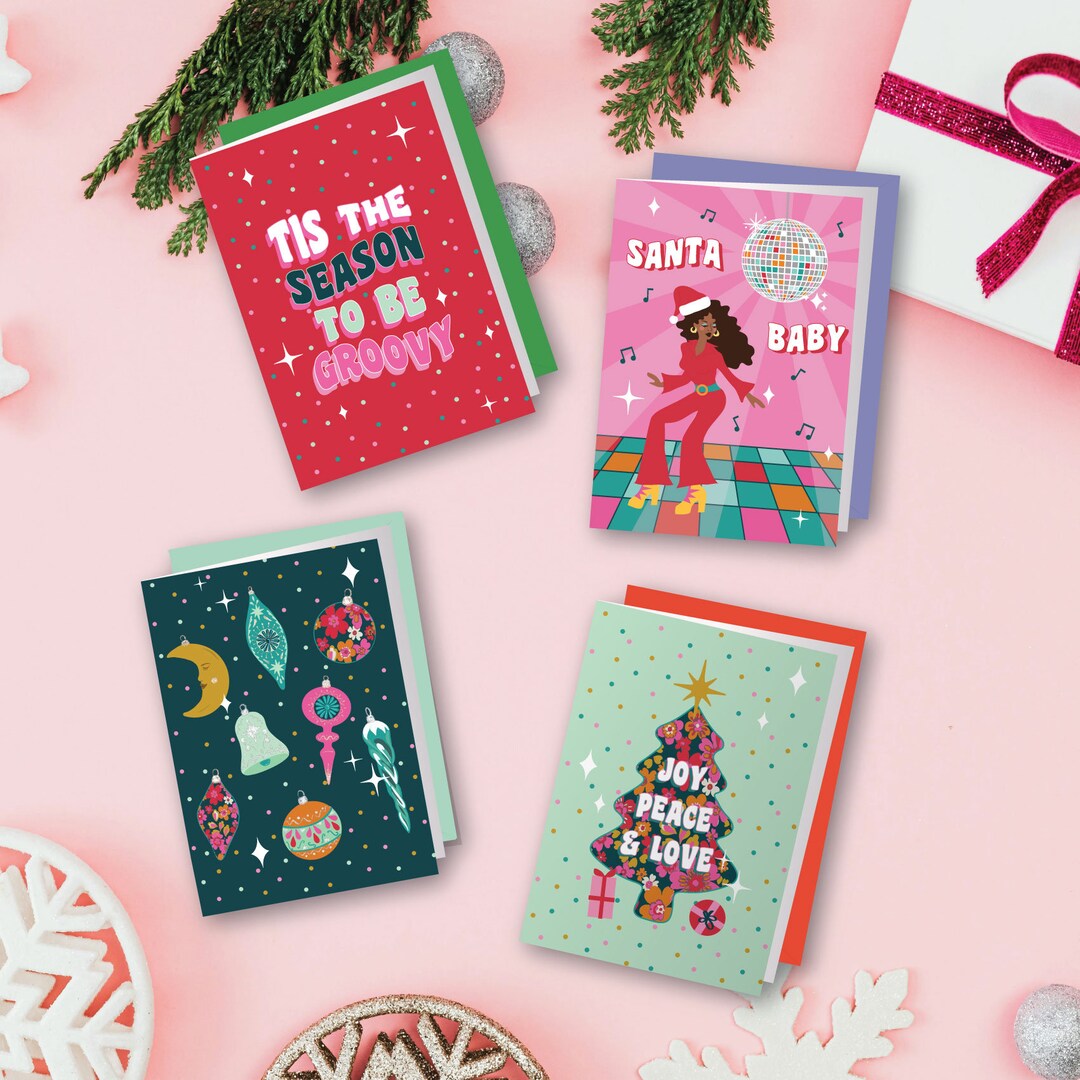 Set of Retro Christmas Cards, Groovy 70s Style,disco,baubles,tree ...