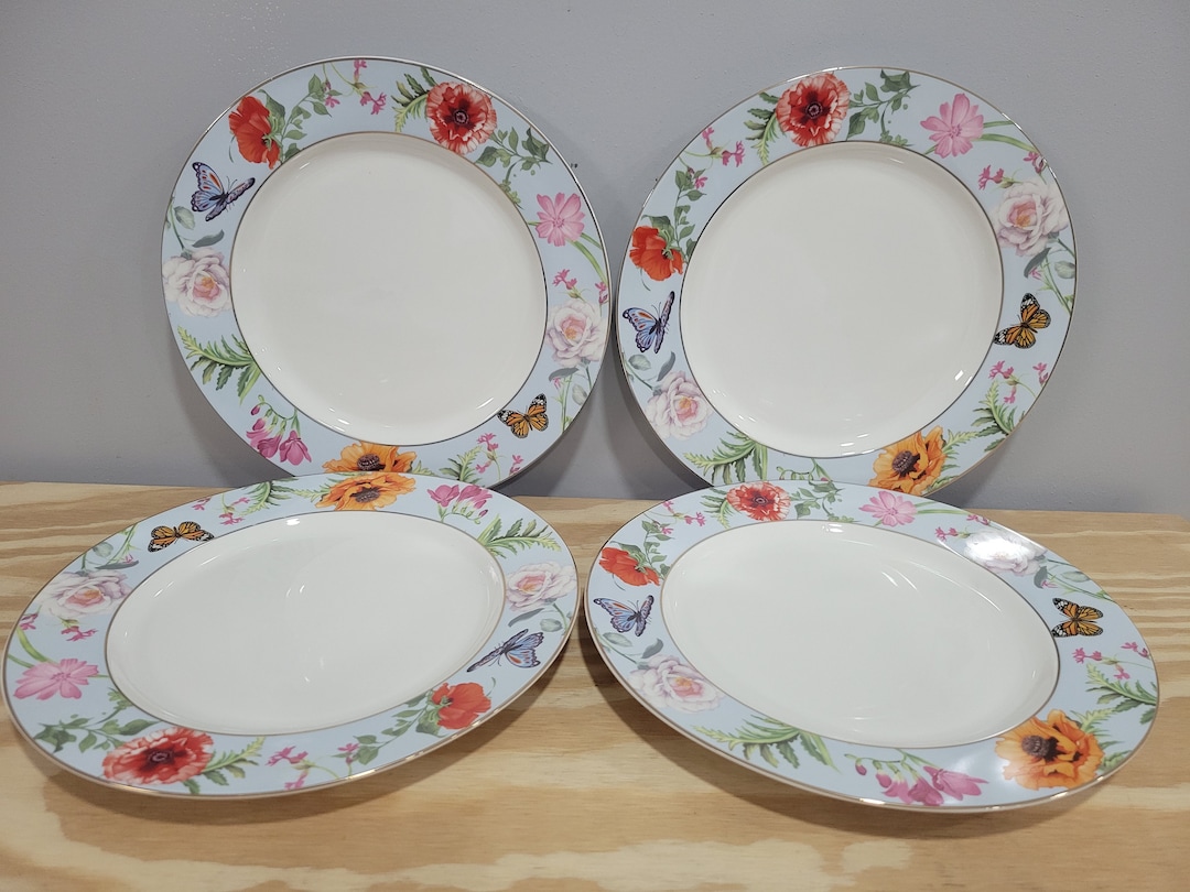 Grace Teaware BLUE Butterfly Garden 10" Porcelain Dinner Plates - Set ...