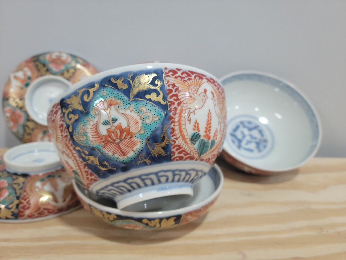 Antique Japanese Hand-painted Imari Style Porcelain Tea Bowl W/ Top ...