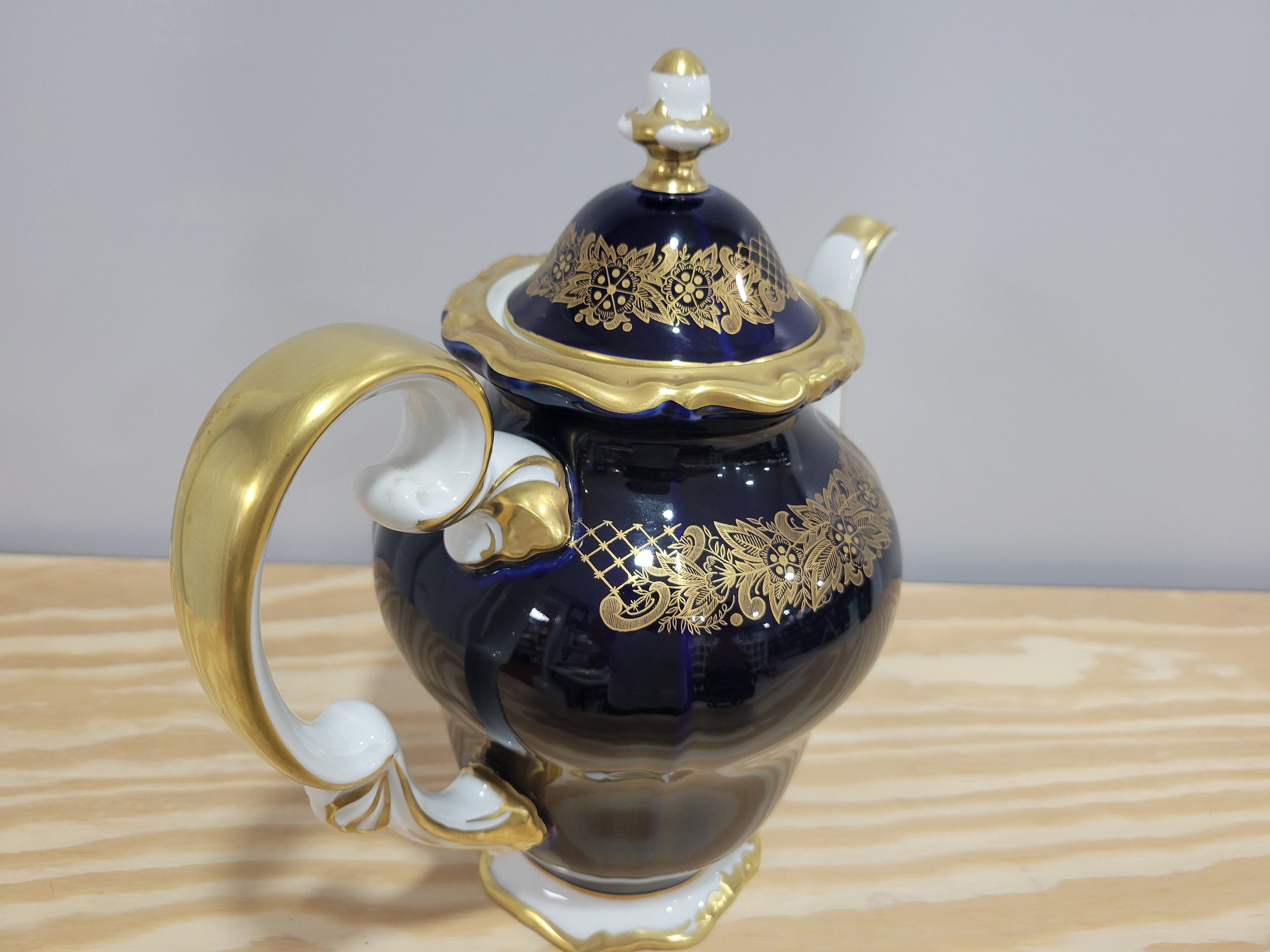 WEIMAR Dora Echt Blue Cobalt /w Gold Encrusted Flowers Coffee Pot ...