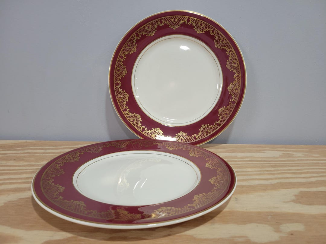 Myott Son & Co. Devonshire Burgundy Gold Filigree 10" Porcelain Plate ...
