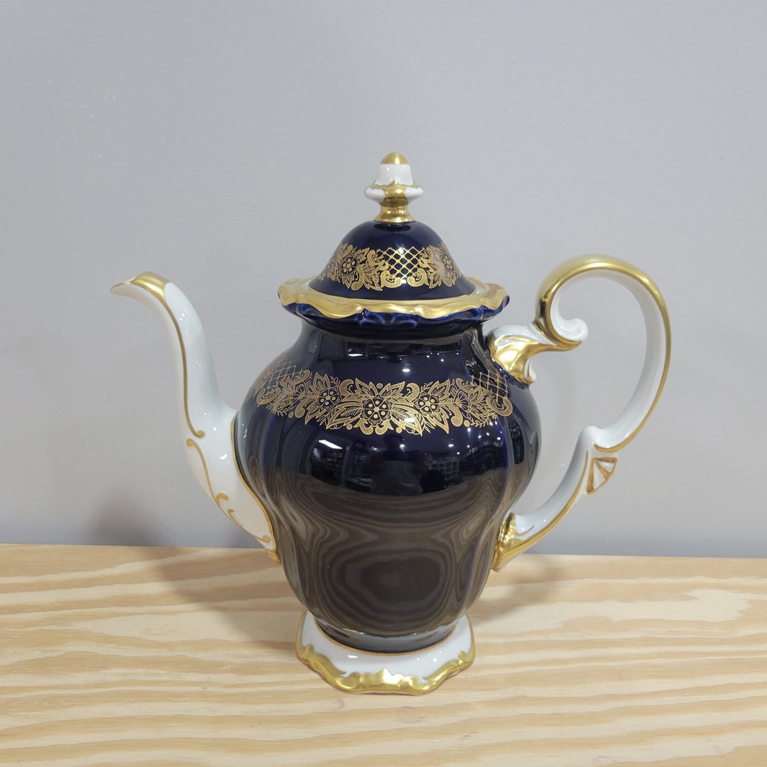 WEIMAR Dora Echt Blue Cobalt /w Gold Encrusted Flowers Coffee Pot ...