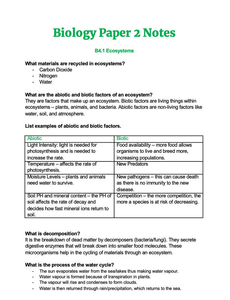 OCR A GCSE Combined Science Biology Paper 2 Notes - Etsy