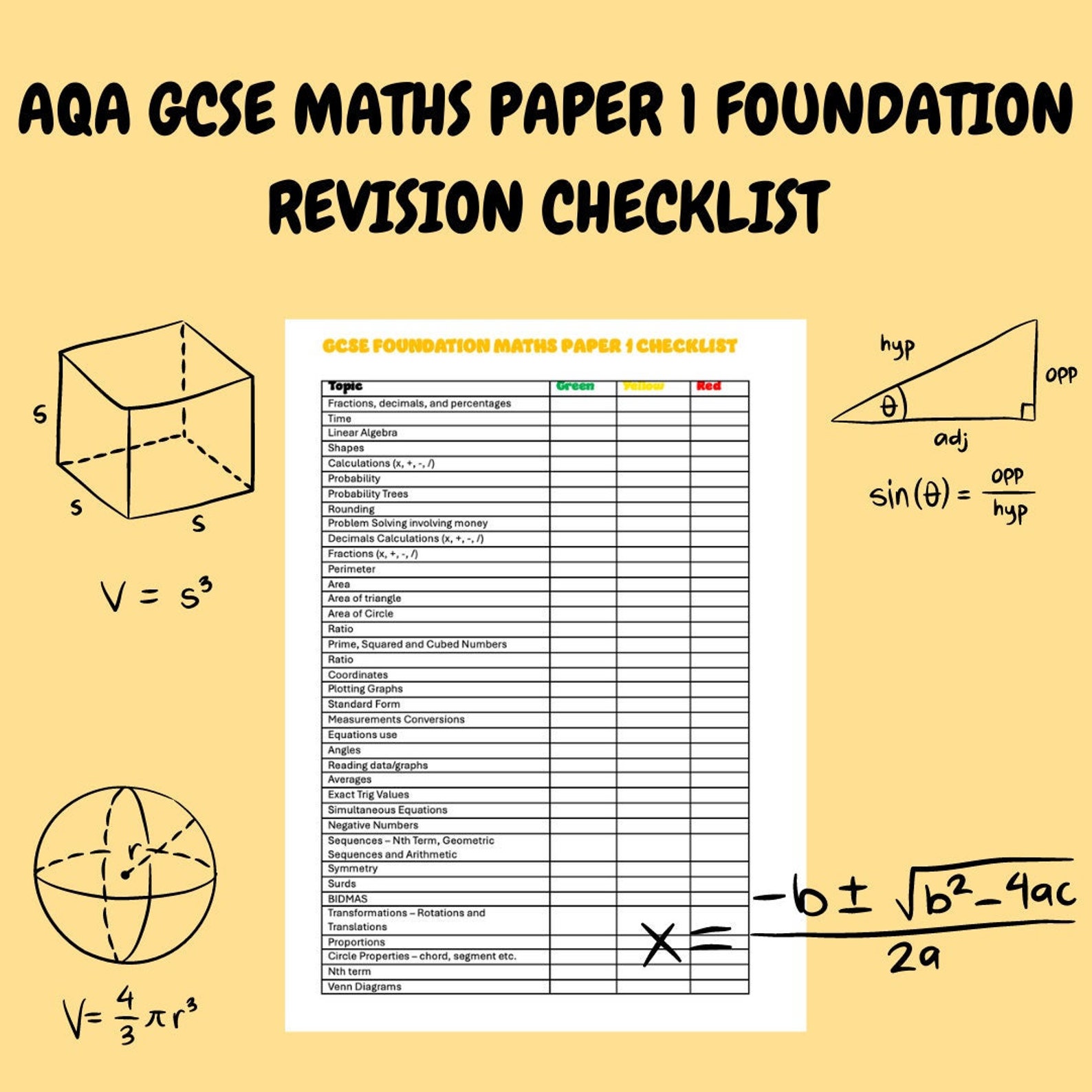 AQA GCSE Maths Foundation Paper 1 Revision Checklist - Etsy