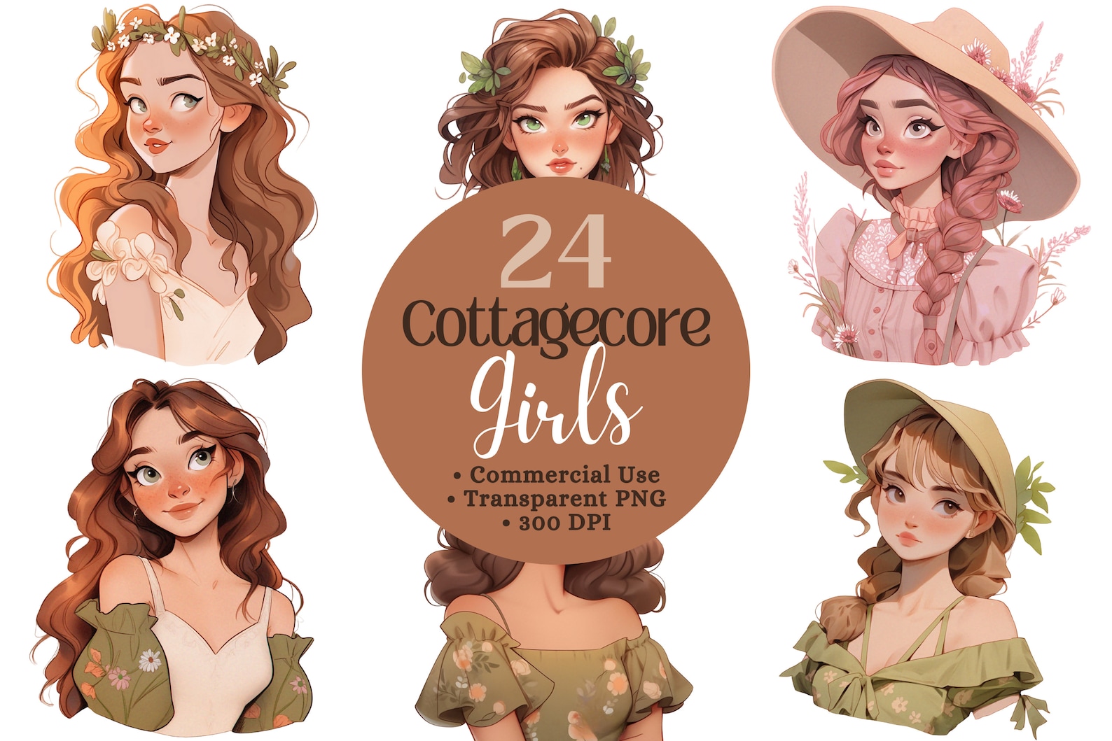 Watercolor Cottagecore Girl Clipart, Character Portrait Illustrations ...