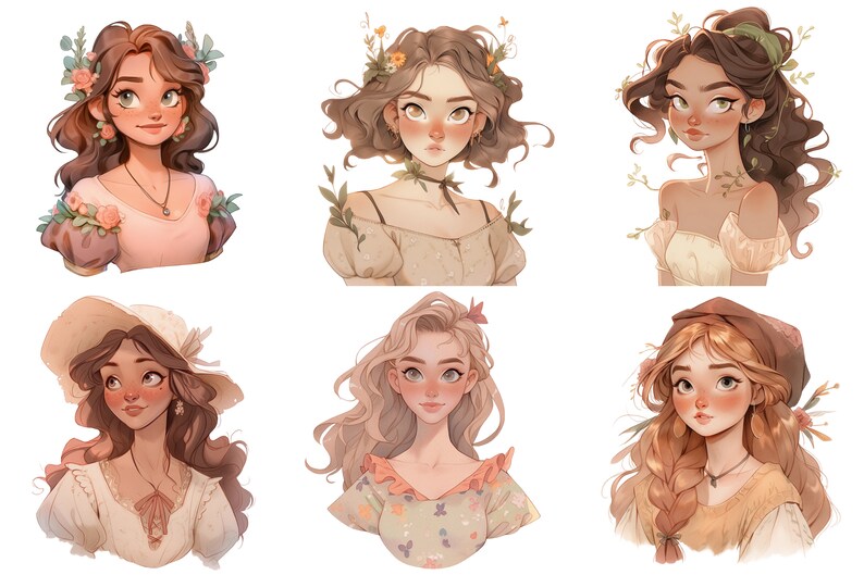 Watercolor Cottagecore Girl Clipart, Character Portrait Illustrations ...