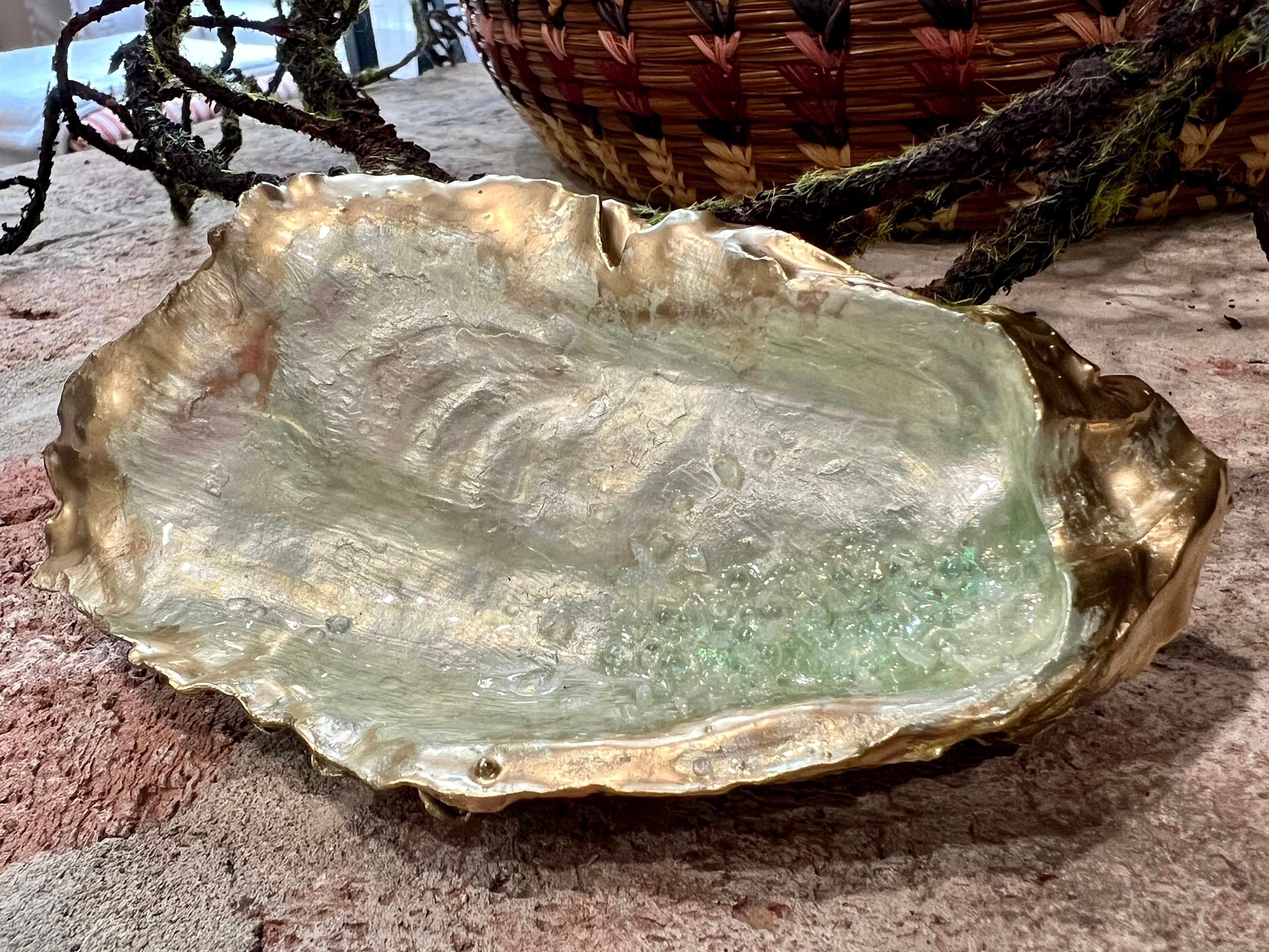 Louisiana Hand Decorated 5 Oyster Shell in Mint Green & Gold - Etsy