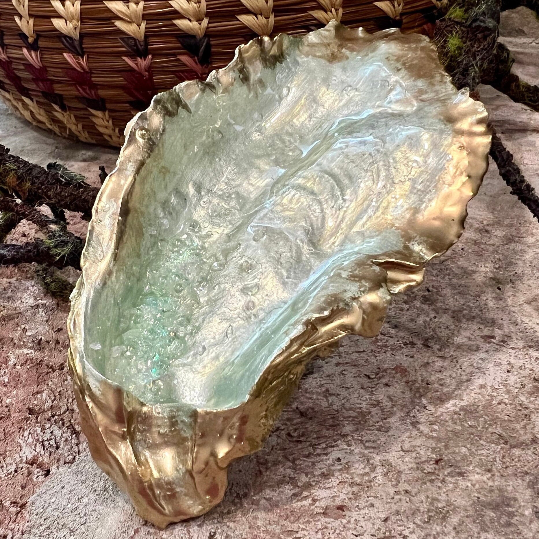 Louisiana Hand Decorated 5 Oyster Shell in Mint Green & Gold - Etsy