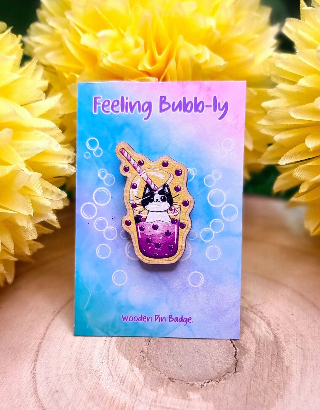 Feeling Bubb Ly Wooden Pin Badge Cute Bubble Tea Kawaii Badge Crazy Cat Lady T Collectable