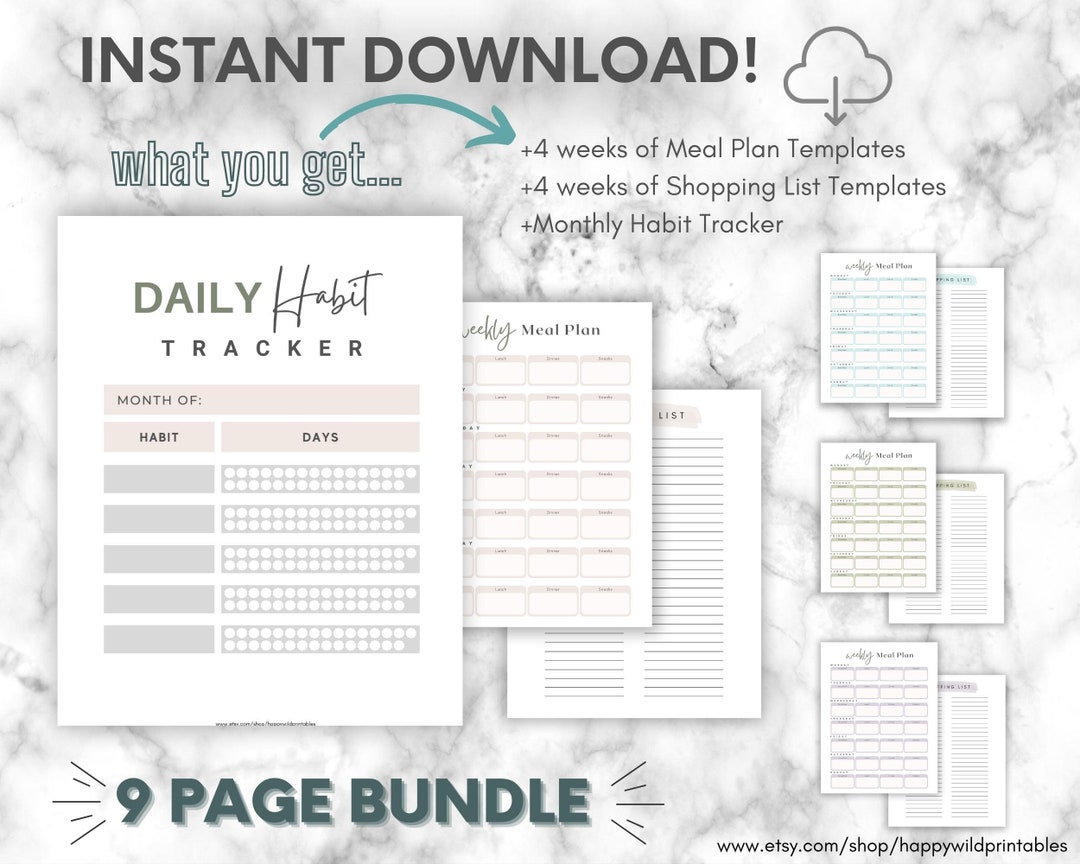 Daily Habit Tracker With Meal Plan and Shopping List Bundle | Health ...