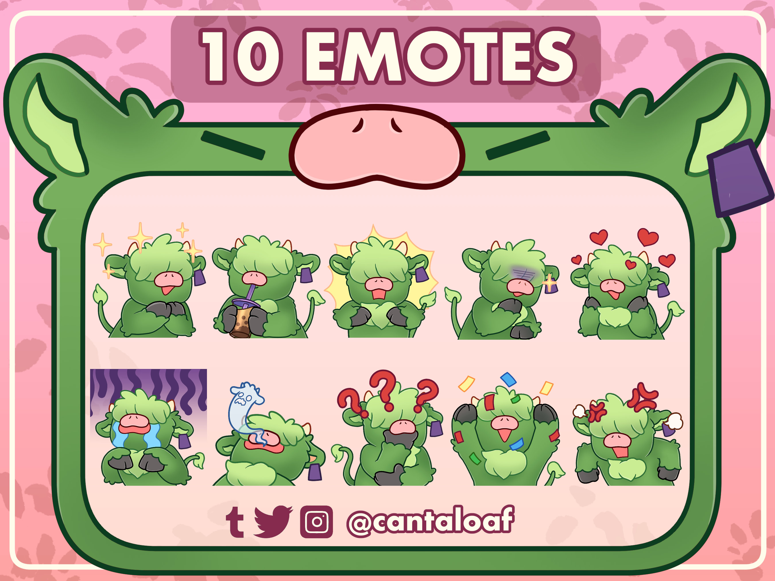 Green and White Highland Cow Emotes | 10 Cute Cow Twitch & Discord ...