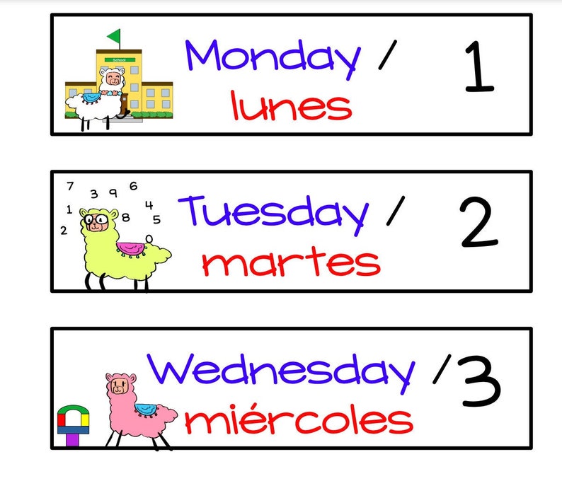 Days of the Week Labels Llamas bilingual - Etsy