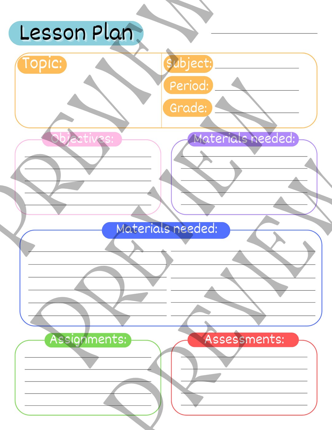 Blank Lesson Plan Template | Printable | Home School Teacher Planner ...