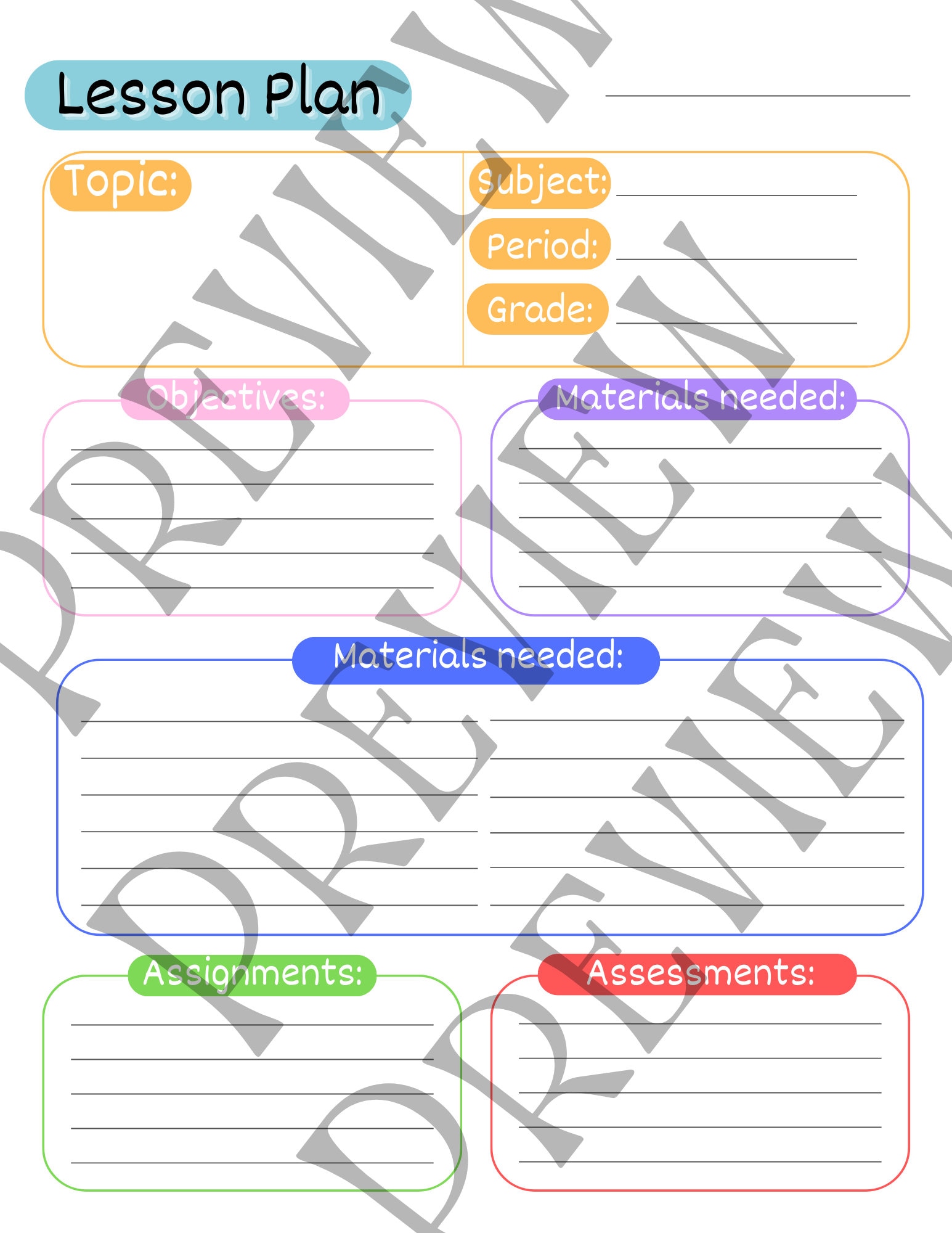 Blank Lesson Plan Template Printable Home School Teacher - Etsy