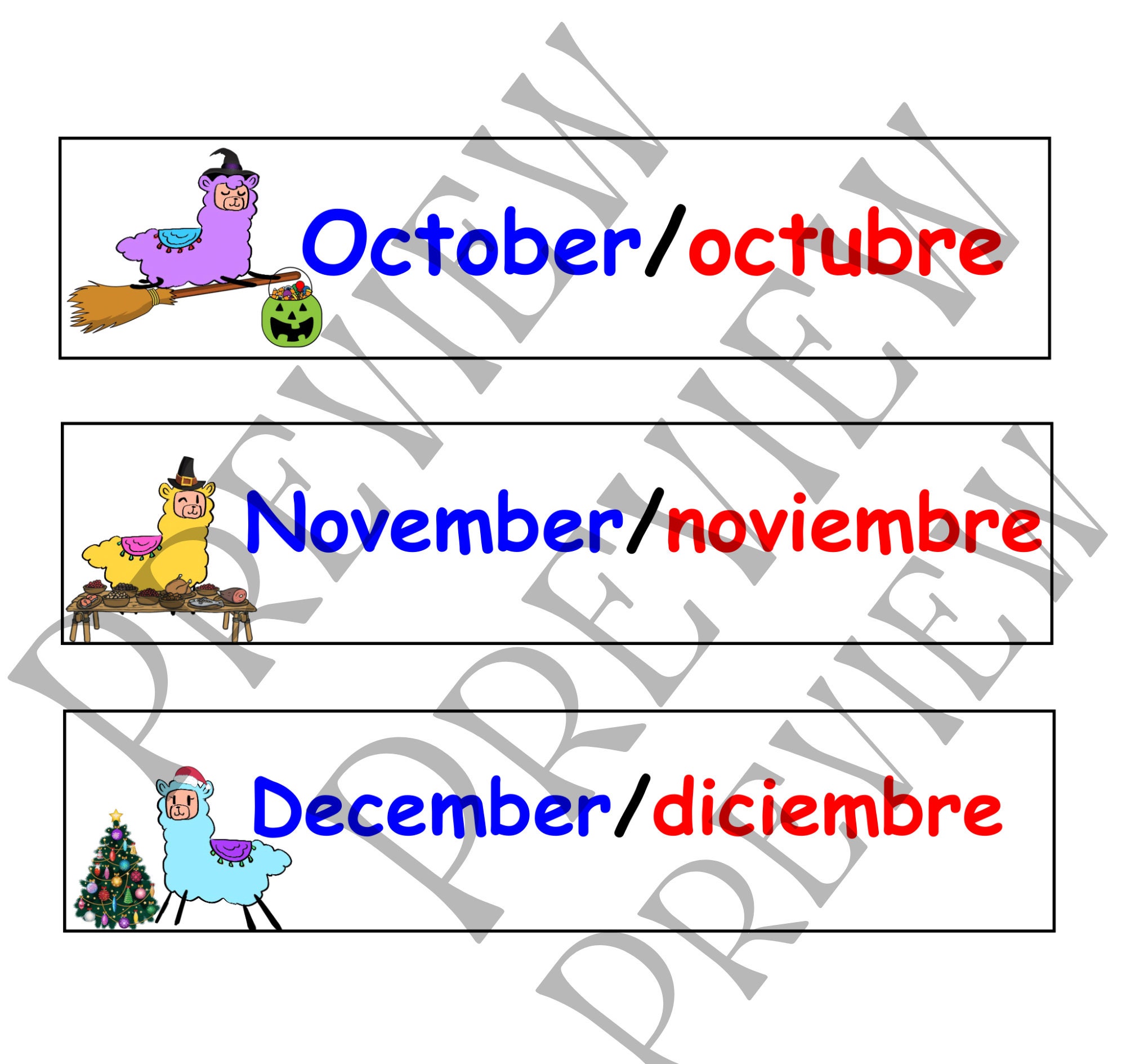 Months of the Week Labels Llamas (bilingual) - Etsy
