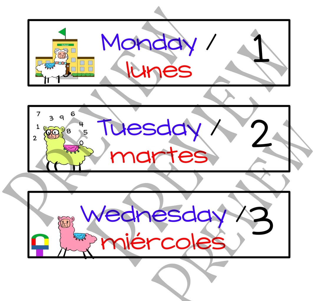 Days of the Week Labels Llamas (bilingual) - Etsy