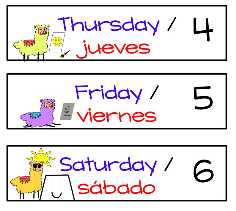 Days of the Week Labels Llamas bilingual - Etsy